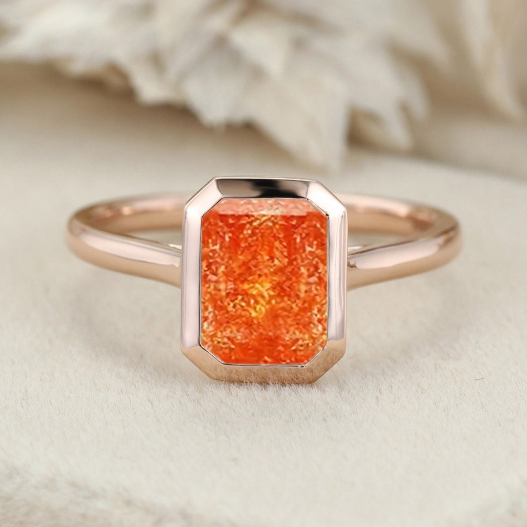 Sunstone Engagement Ring Emerald Cut Bezel Sunstone Engagement Ring ...