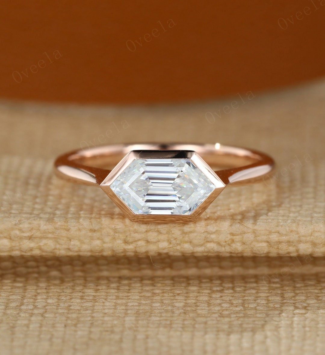 Hexagon Cut Bezel Set Moissanite Engagement Ring 14K Rose Gold Ring ...