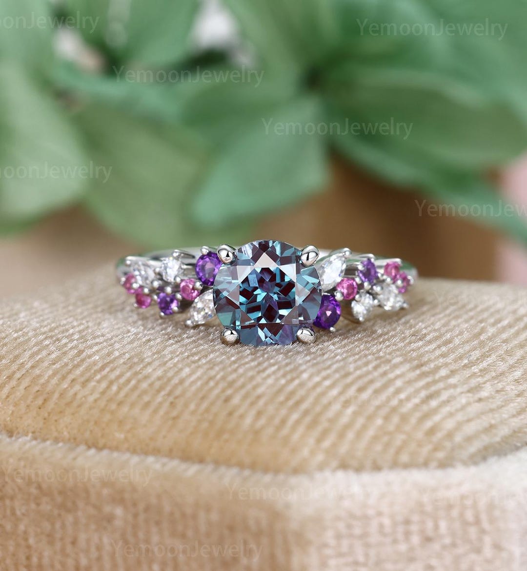 Vintage Round Cut Lab Alexandrite Engagement Ring 18K White Gold ...