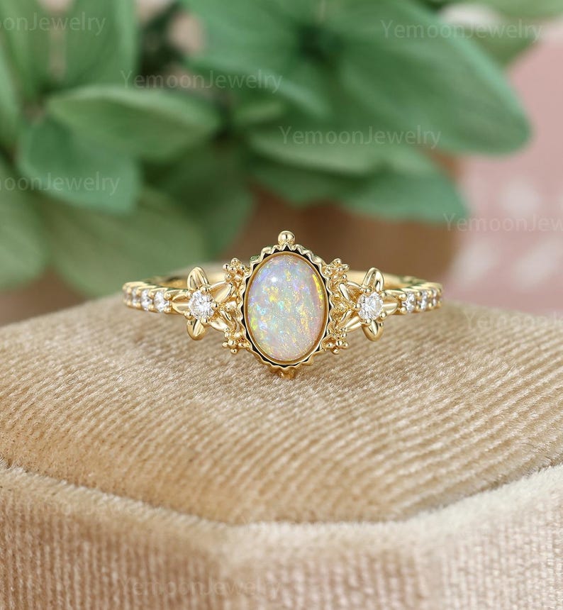 Unique Oval Natural Opal Engagement Ring 14K Yellow Gold Wedding Ring ...