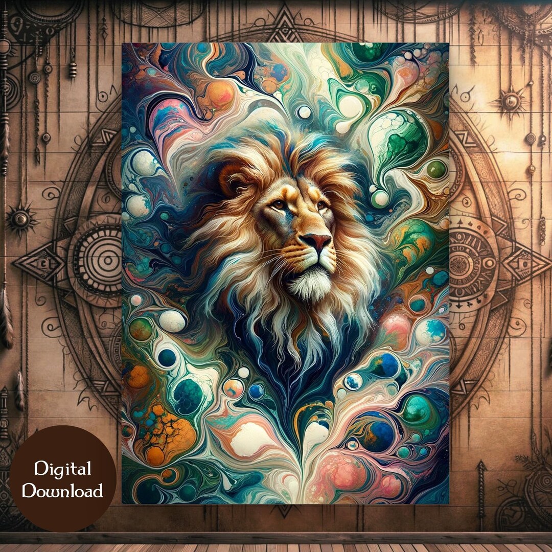 Lion Power Animal Portrait: Shamanic Spirit Watercolor Marbling Art ...