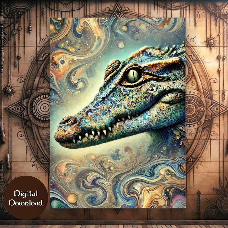 Crocodile Power Animal Portrait: Shamanic Spirit Watercolor Marbling ...