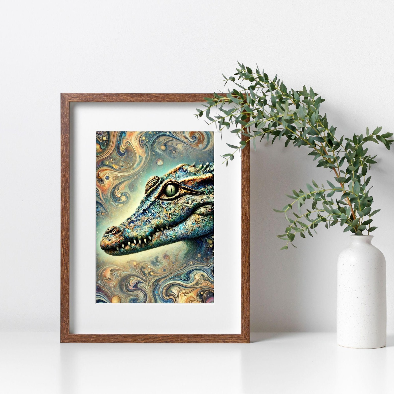 Crocodile Power Animal Portrait: Shamanic Spirit Watercolor Marbling ...