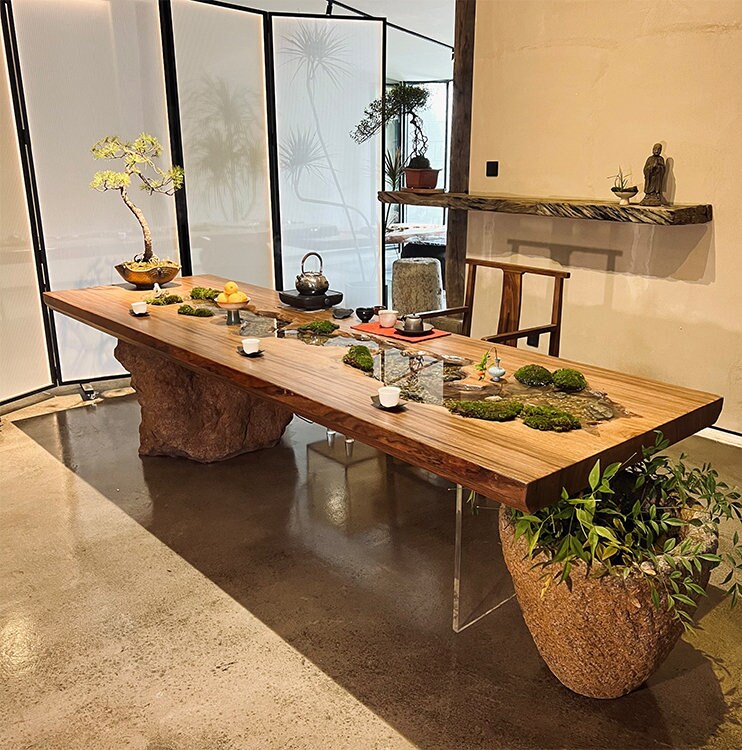 Custom Hand Crafted Live Edge Solid Wood Dining Table With Live Creek ...