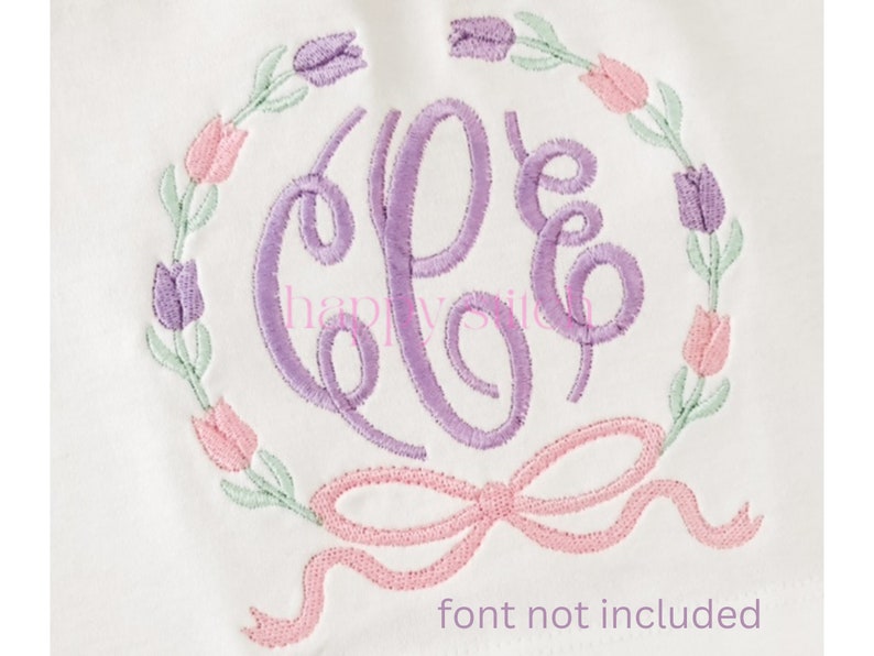 Tulip Wreath Monogram Frame With Bow Fill Stitch Embroidery - Etsy