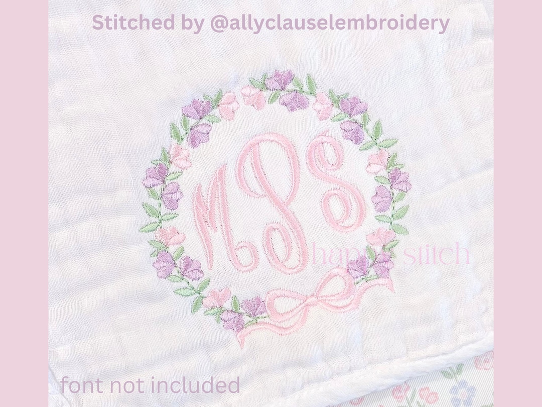 Emma Floral Round Monogram Frame With Bow Embroidery Design, Instant ...