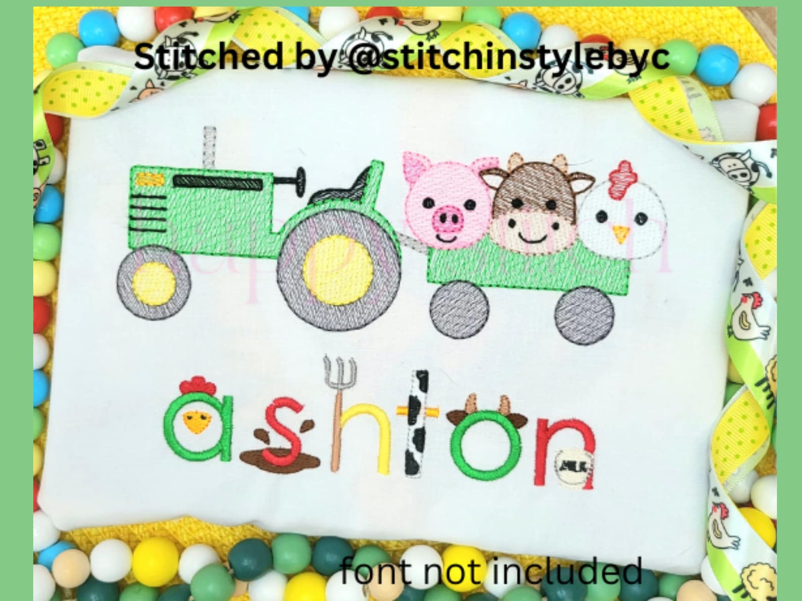 Tractor With Farm Animals Sketch Embroidery Design, Pig Cow Chicken on ...