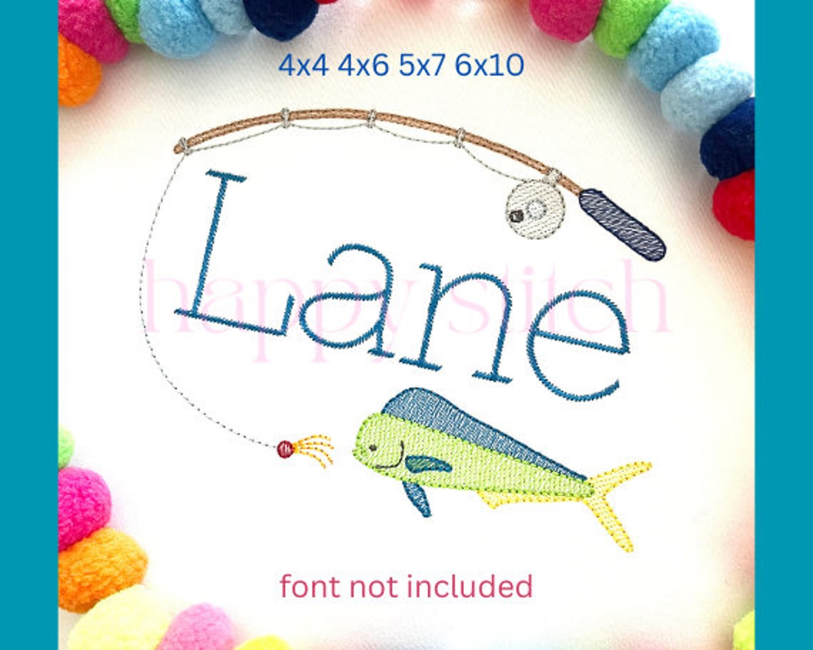 Fishing Pole With Mahi Sketch Embroidery Design Name Frame, Ocean Fish ...
