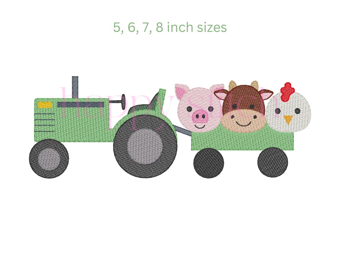 Tractor With Farm Animals Sketch Embroidery Design, Pig Cow Chicken on ...