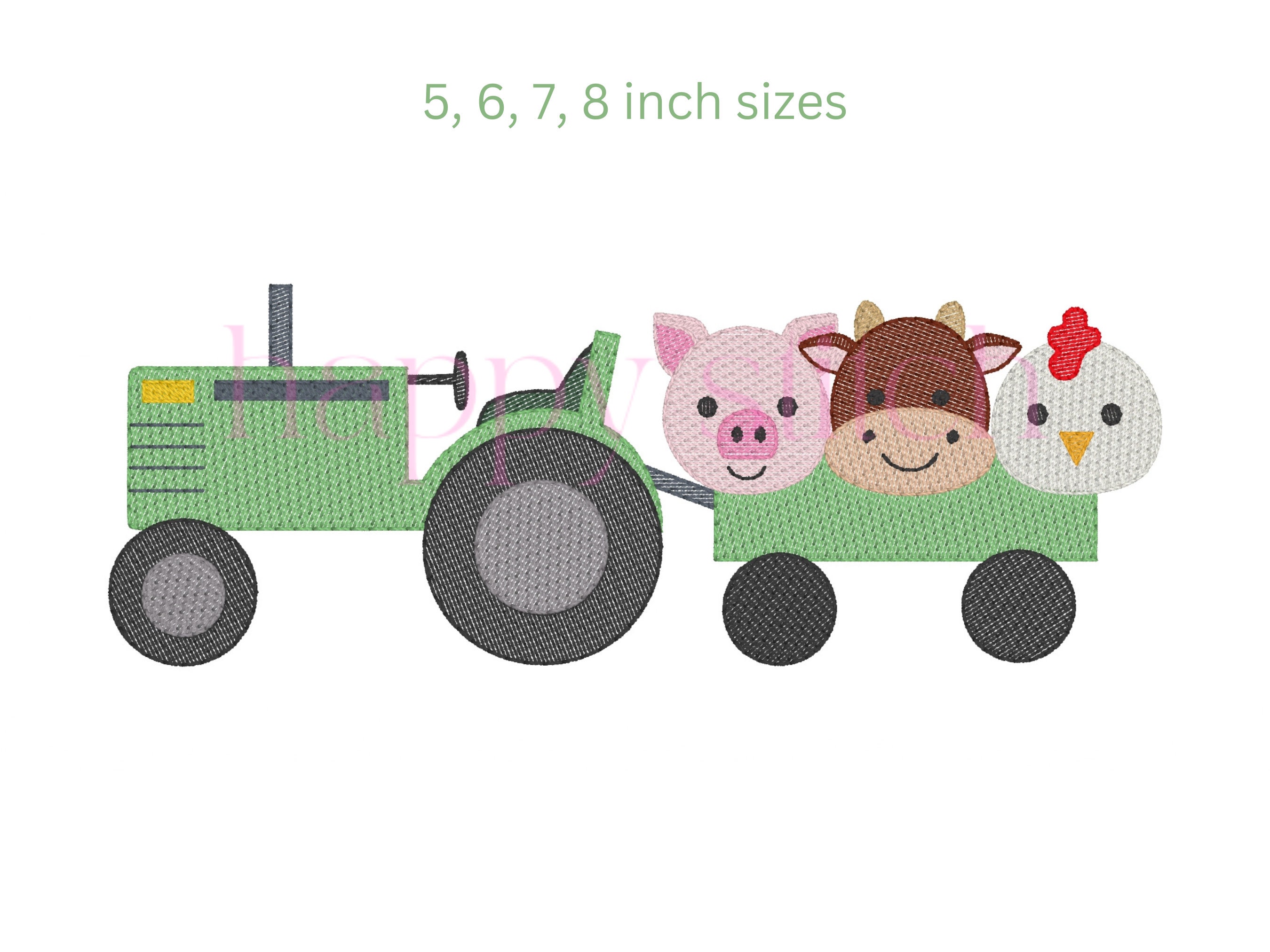 Tractor With Farm Animals Sketch Embroidery Design, Pig Cow Chicken on ...