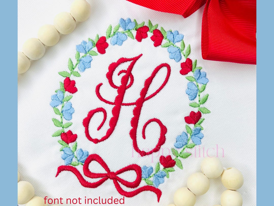 Emma Floral Oval Monogram Frame With Bow Embroidery Design, Instant ...