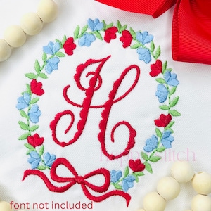 Emma Floral Oval Monogram Frame With Bow Embroidery Design, Instant ...