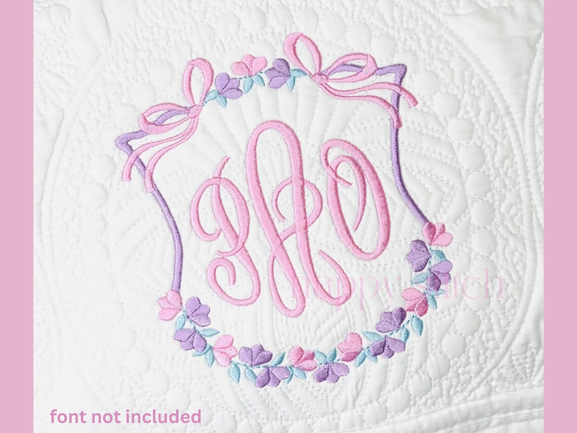 Emma Floral Crest Monogram Frame With Bows Embroidery Design, Instant ...