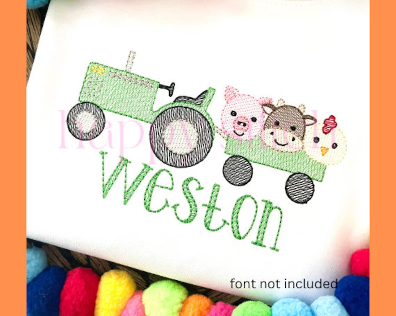 Tractor With Farm Animals Sketch Embroidery Design, Pig Cow Chicken on ...