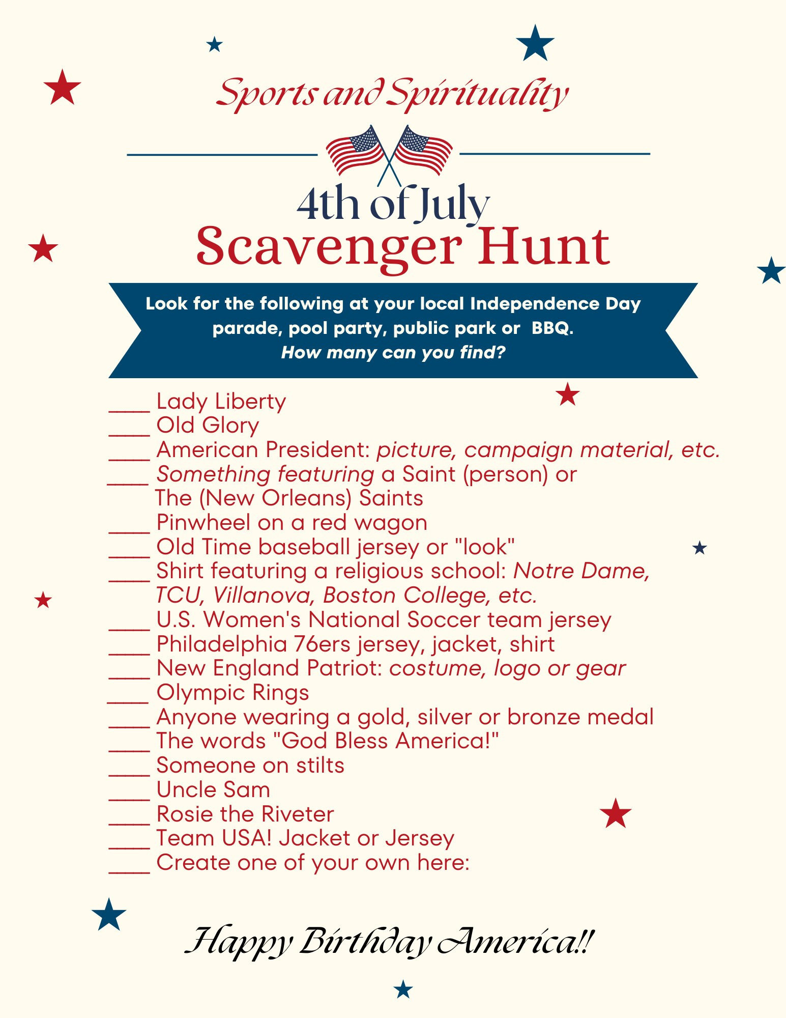4th of July Scavenger Hunt: Sports and Spirituality Style! - Etsy