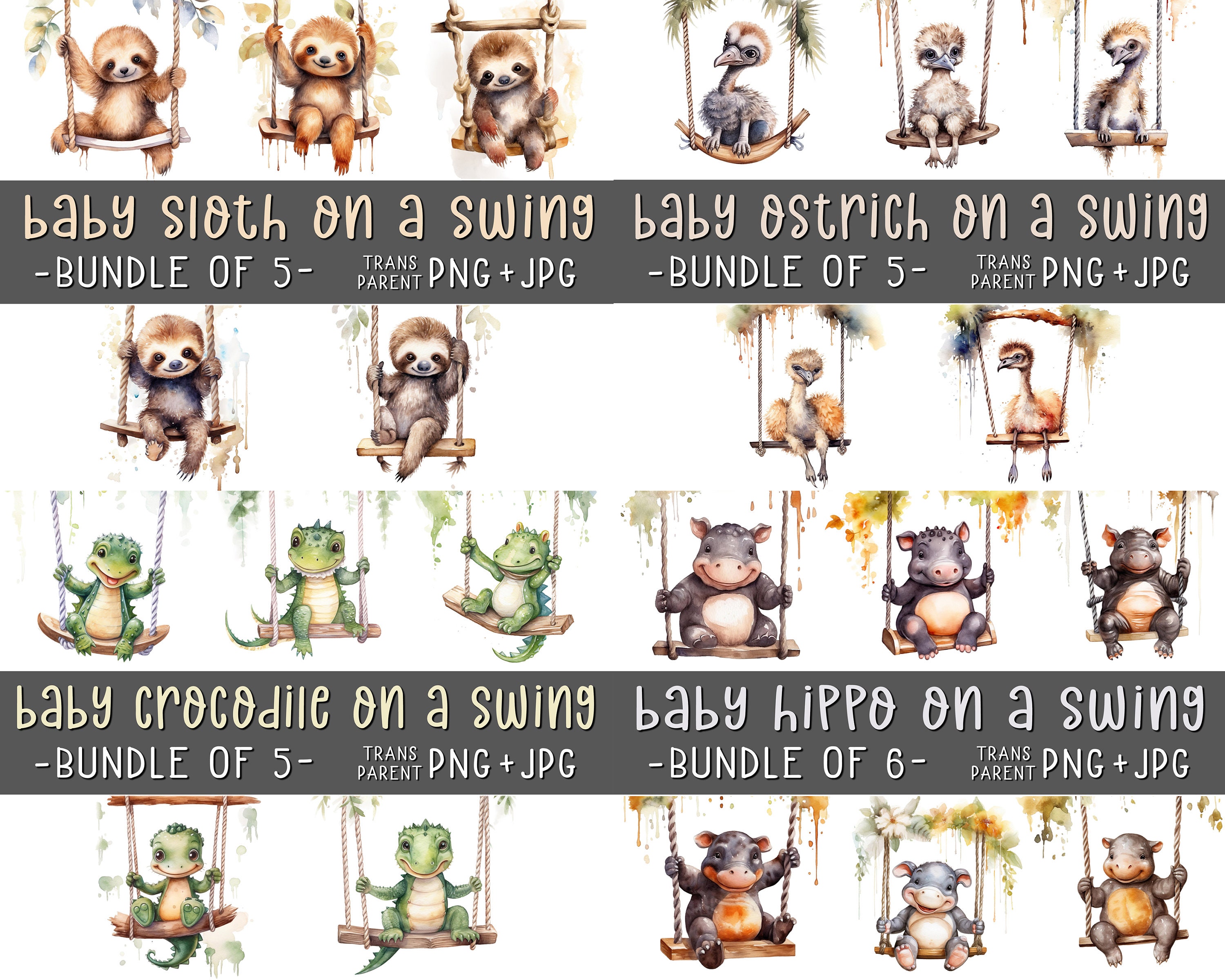 Baby Animals on a Swing, Bundle of 22, Cute Animal Clipart, Funny ...