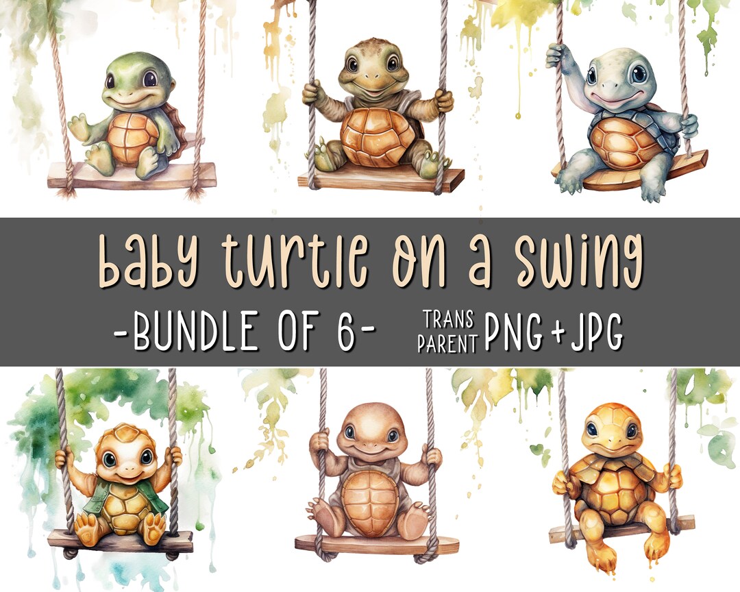 Baby Turtle on a Swing, Bundle of 6, Cute Turtle Clipart, Animal Wall ...