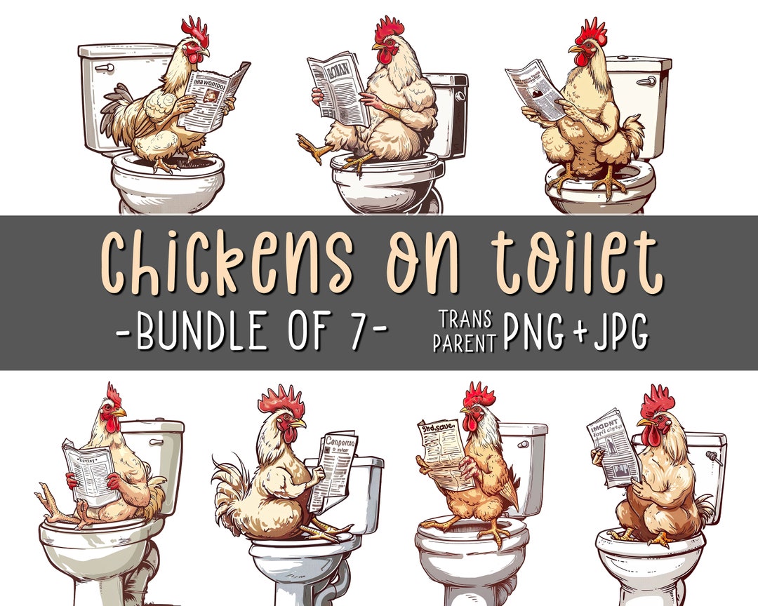 Chickens on Toilet, Bundle of 7, Funny Animal Clipart, Chicken Wall Art ...