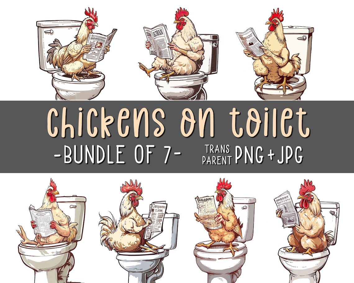 Chickens on Toilet, Bundle of 7, Funny Animal Clipart, Chicken Wall Art ...