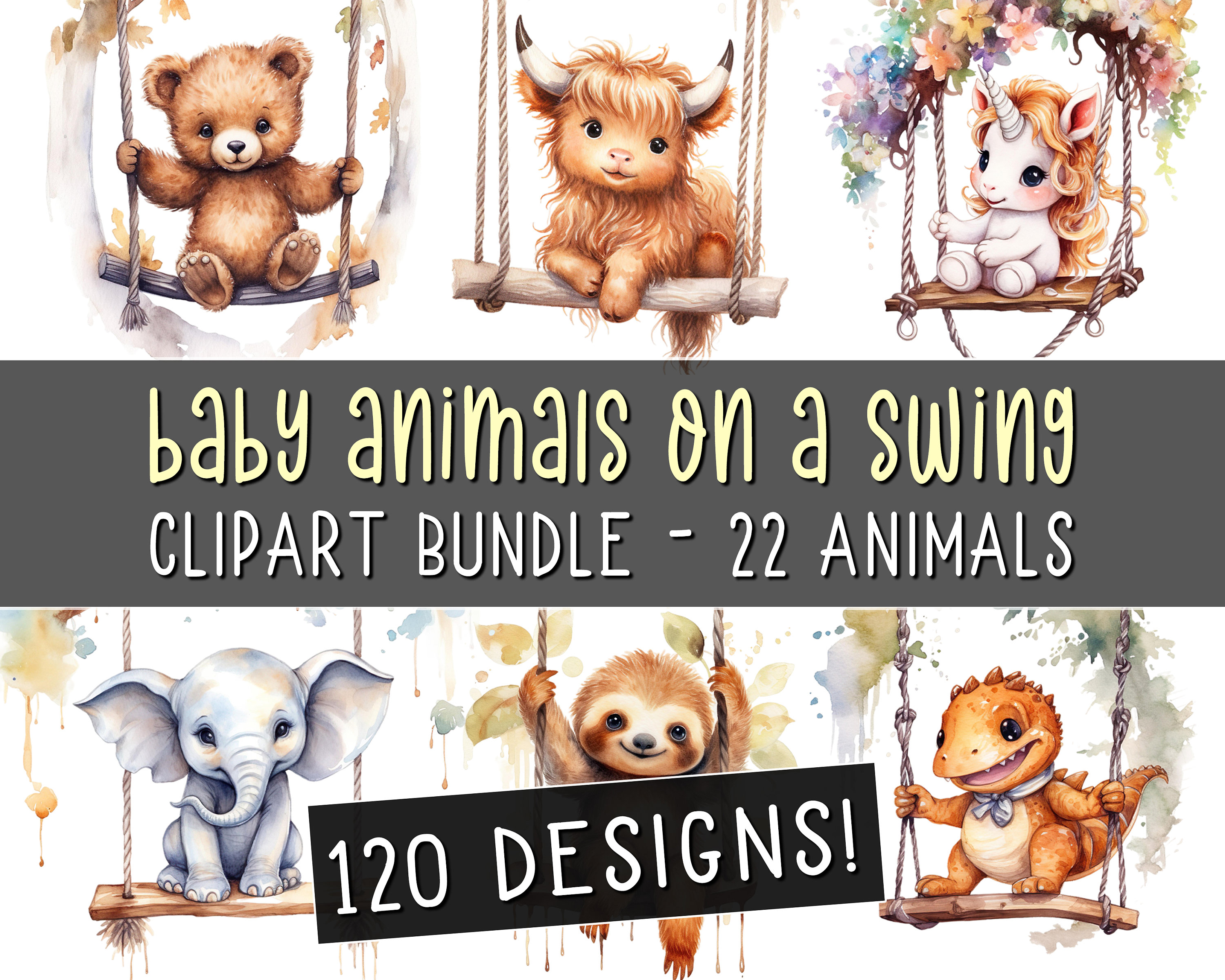 Baby Animals on a Swing, Bundle of 22, Cute Animal Clipart, Funny ...