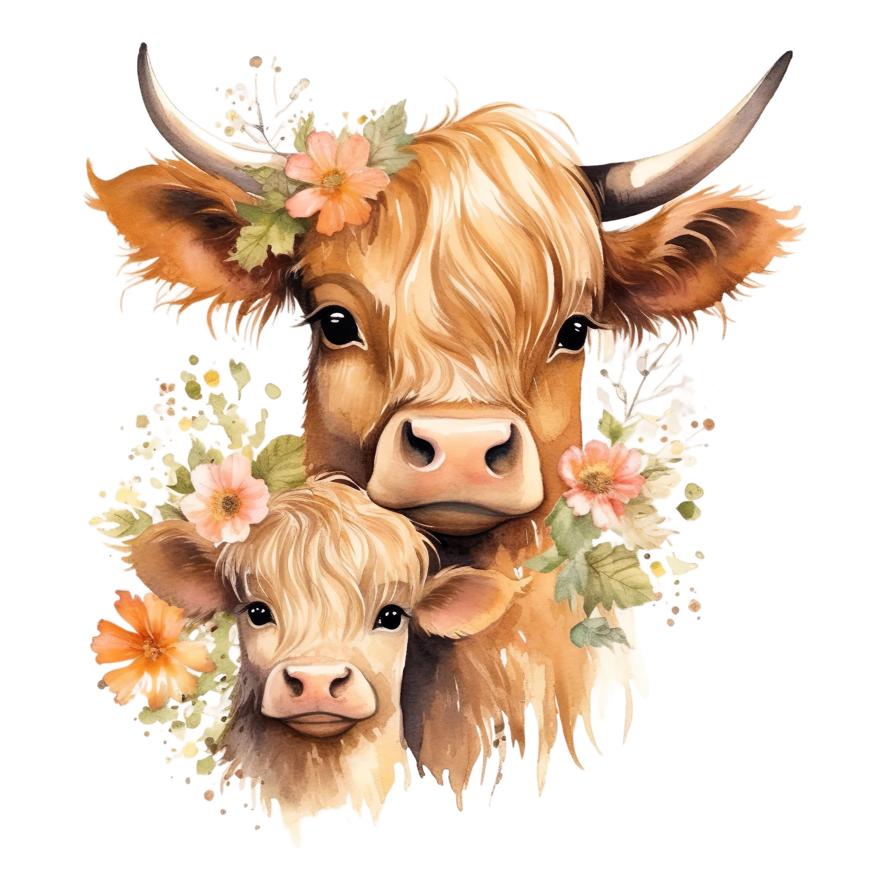 Mama Highland Cow With Her Calf, Cute Mom and Baby Animal Bundle, Cute ...