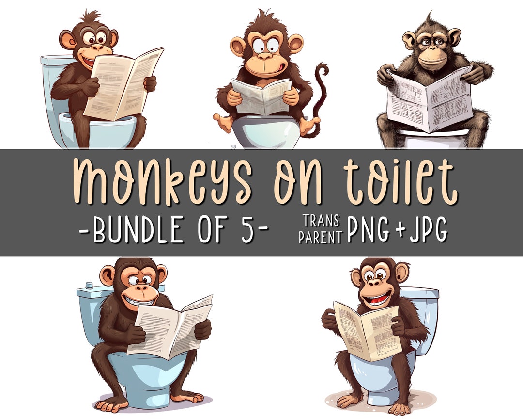 Monkeys on Toilet, Bundle of 5, Funny Animal Clipart, Monkey Wall Art ...
