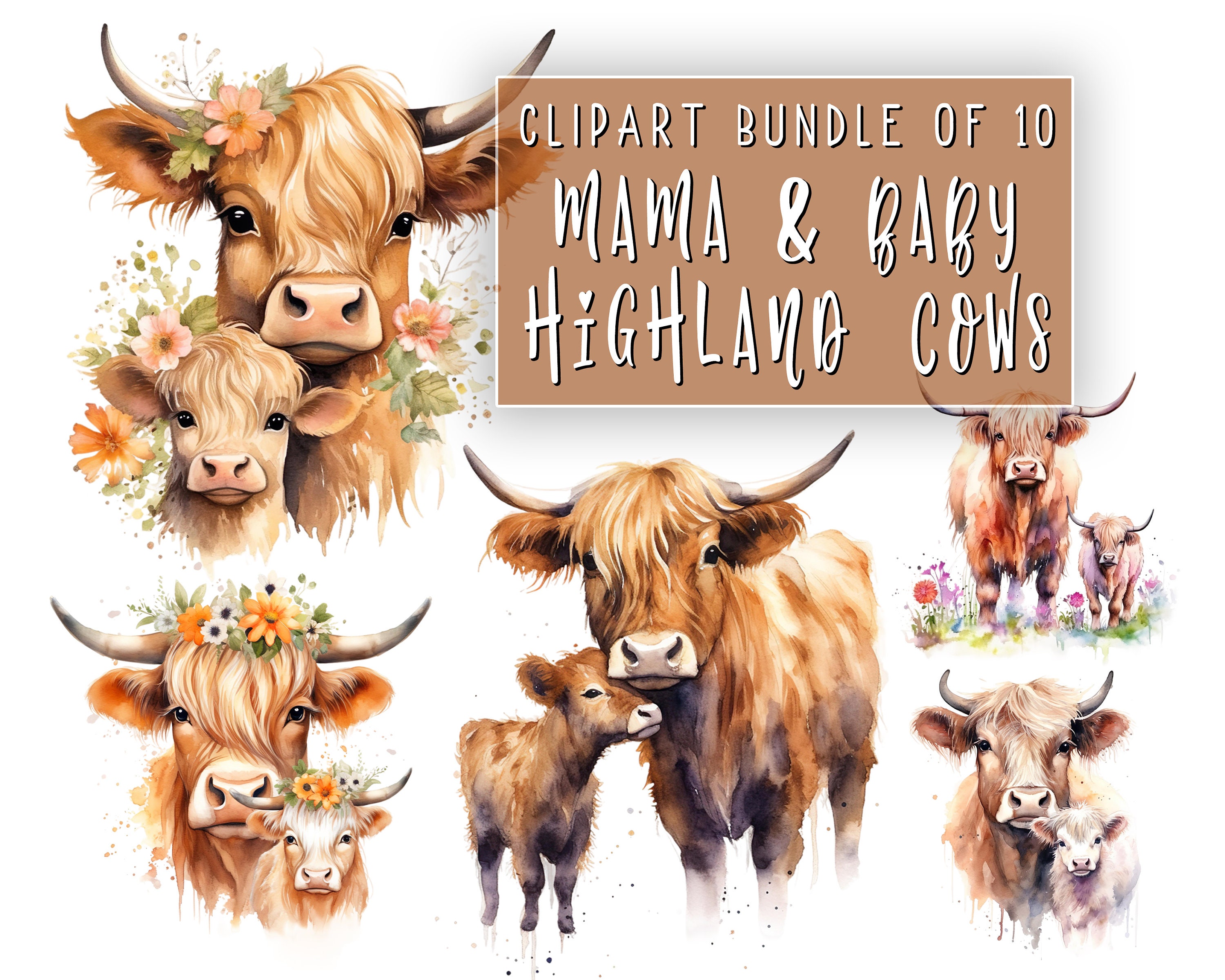 Mama Highland Cow With Her Calf, Cute Mom and Baby Animal Bundle, Cute ...