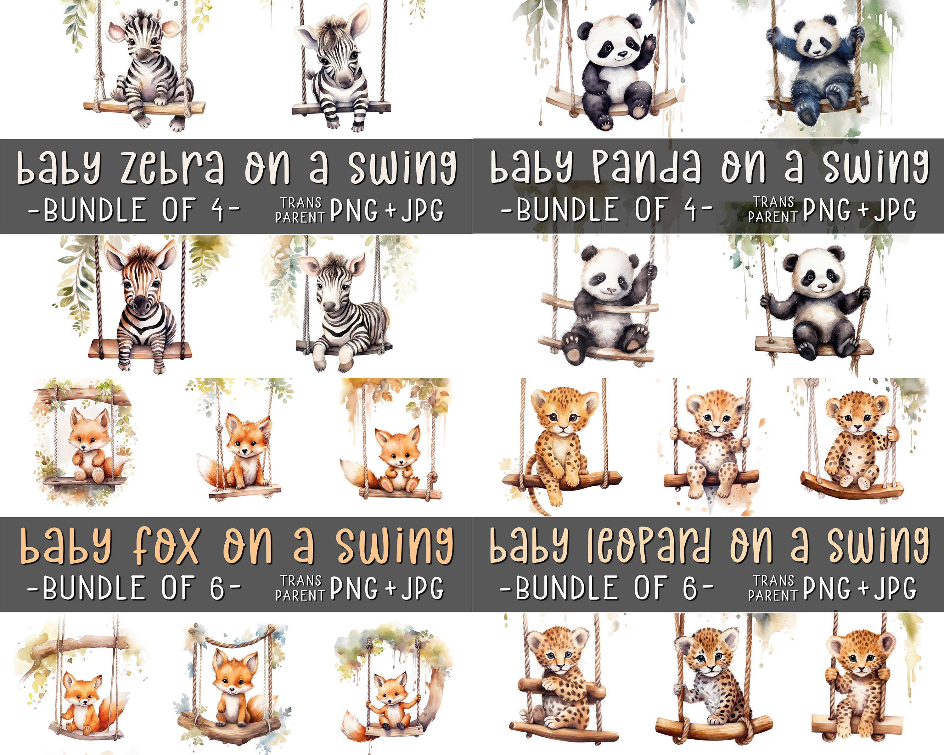 Baby Animals on a Swing, Bundle of 22, Cute Animal Clipart, Funny ...