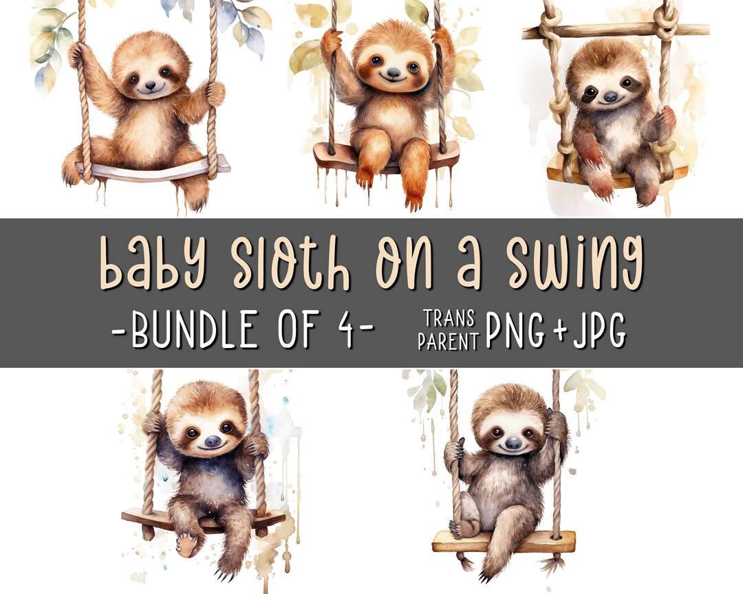 Baby Sloths on a Swing, Bundle of 5, Cute Sloth Pup Clip Art, Animal ...