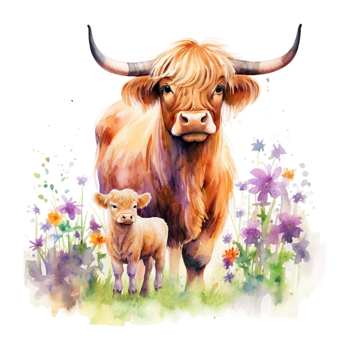 Mama Highland Cow With Her Calf, Cute Mom and Baby Animal Bundle, Cute ...