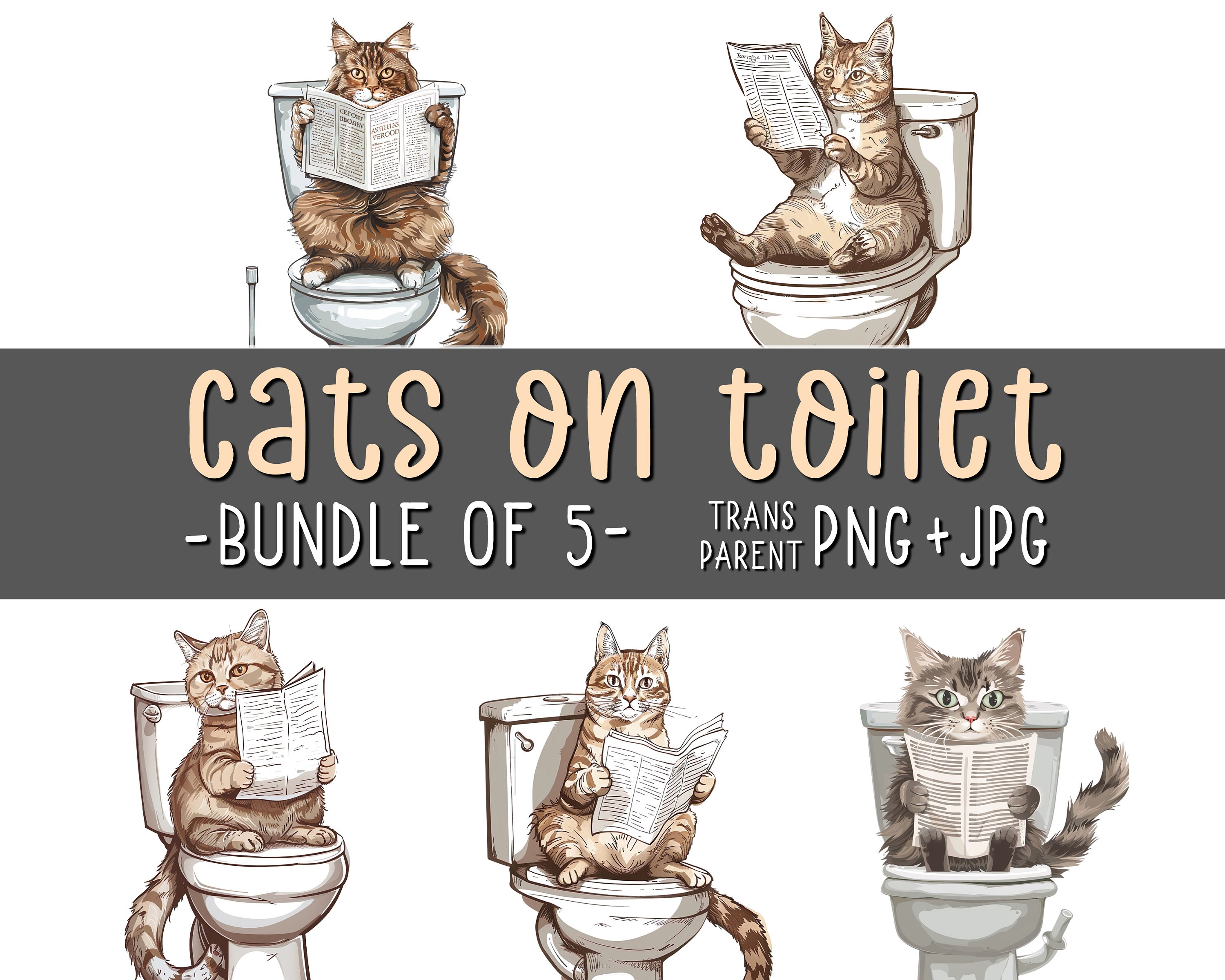 Cats on Toilet, Bundle of 5, Funny Animal Clipart, Cat Lover Wall Art ...