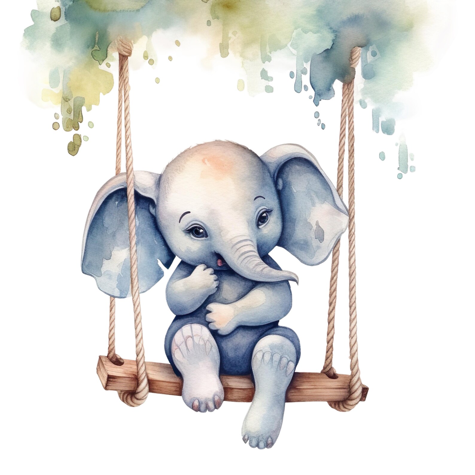 Baby Elephants on a Swing, Bundle of 4, Cute Elephant Calf Clipart ...