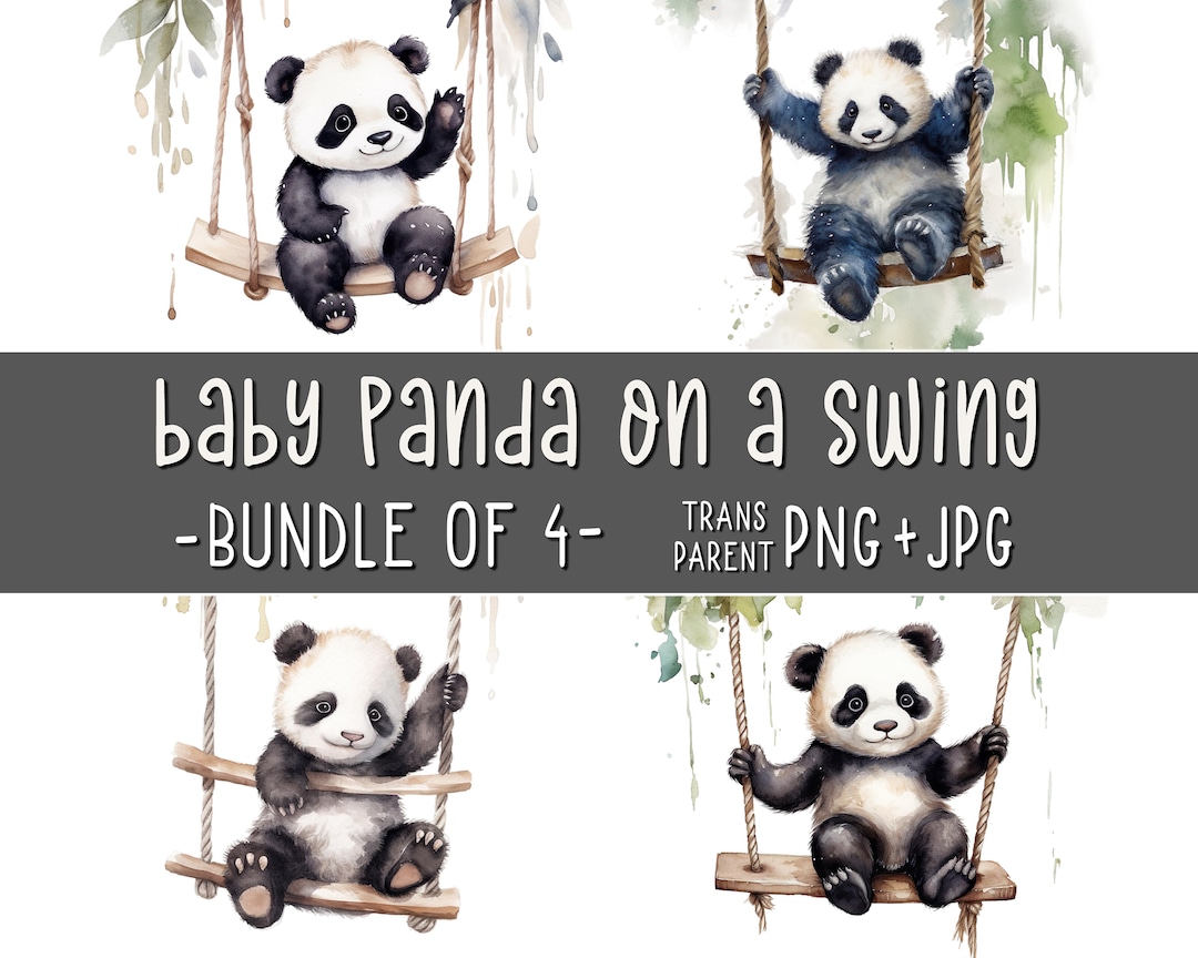 Baby Pandas on a Swing, Bundle of 4, Cute Panda Cub Clipart, Animal ...