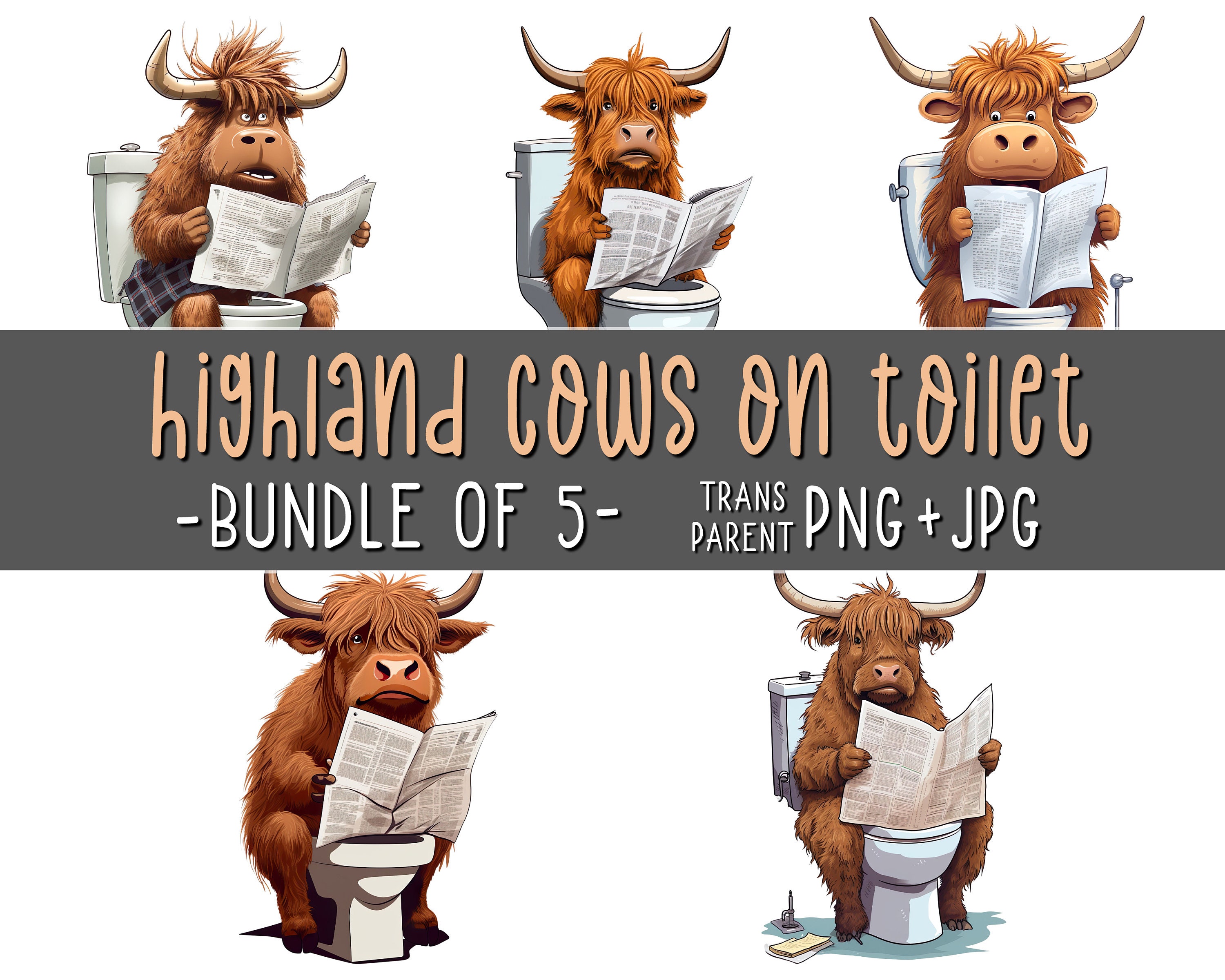 Highland Cows on Toilet, Bundle of 5, Funny Animal Clipart, Cow Wall ...