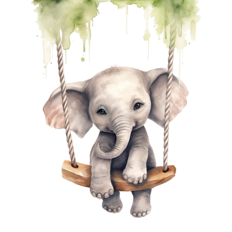 Baby Elephants on a Swing, Bundle of 4, Cute Elephant Calf Clipart ...