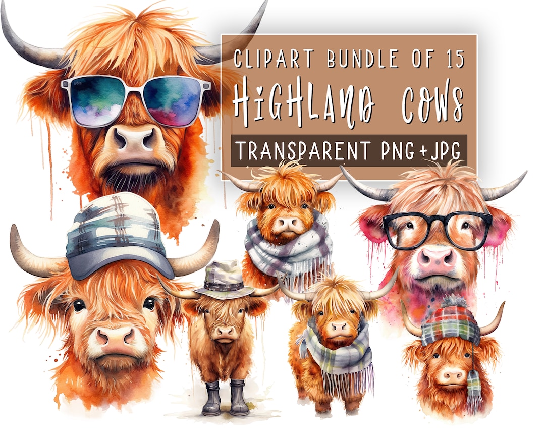 Funny Highland Cow Clipart Bundle, Cute Animal Clipart, Highland Cow ...