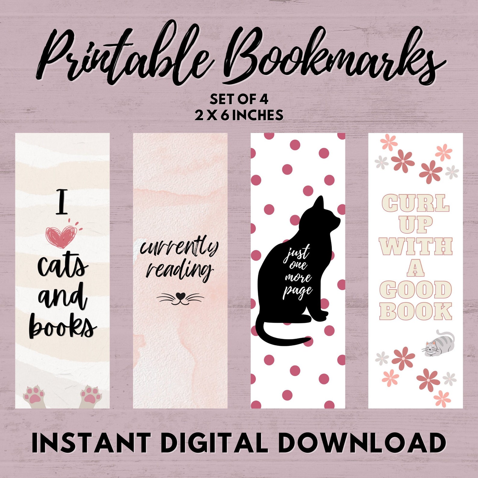 Printable Cat Bookmark Set, Instant Digital PDF Bookmark Download, Cute ...