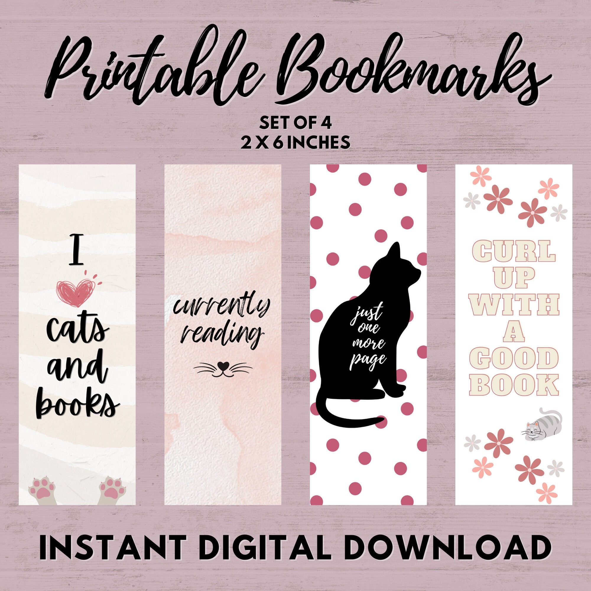 Printable Cat Bookmark Set, Instant Digital PDF Bookmark Download, Cute ...