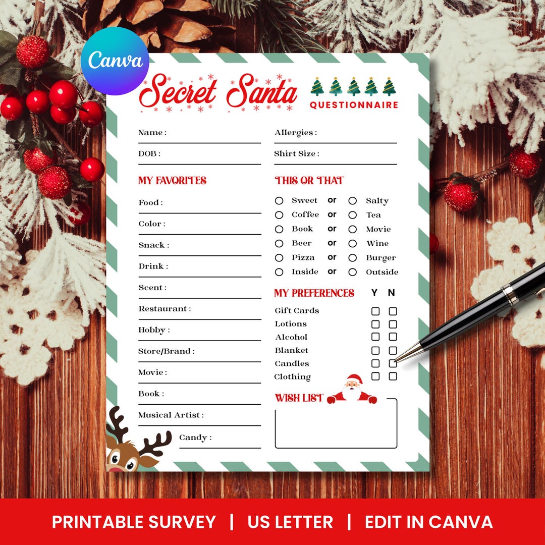 Secret Santa Questionnaire, Printable Christmas Gift Exchange (canva ...