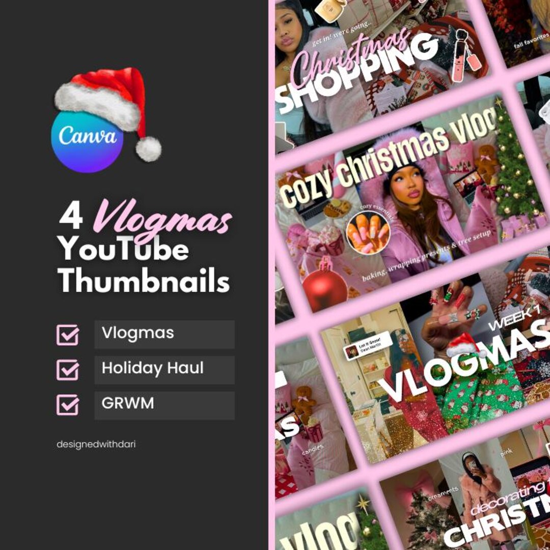 Editable Vlogmas Youtube Thumbnail Templates: Pink Canva Branding Kit ...