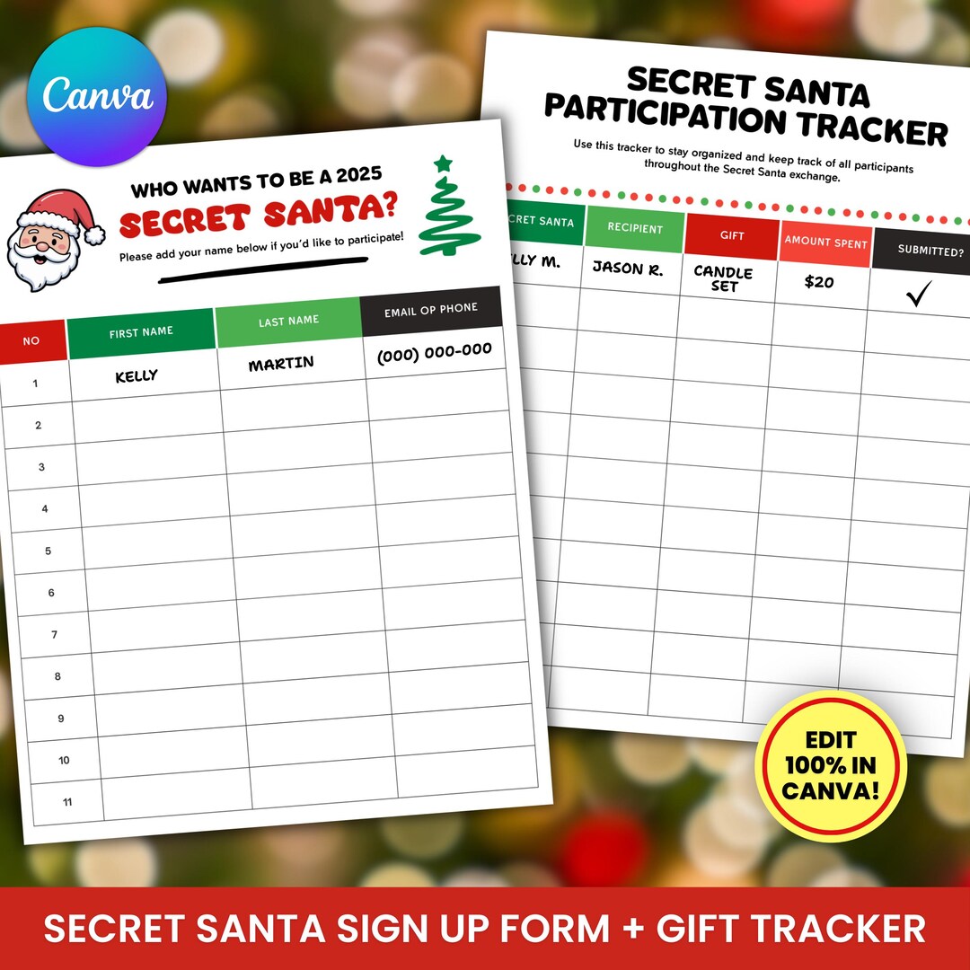 Secret Santa Printable Sign up Forms, Gift Exchange Tracker, Secret ...