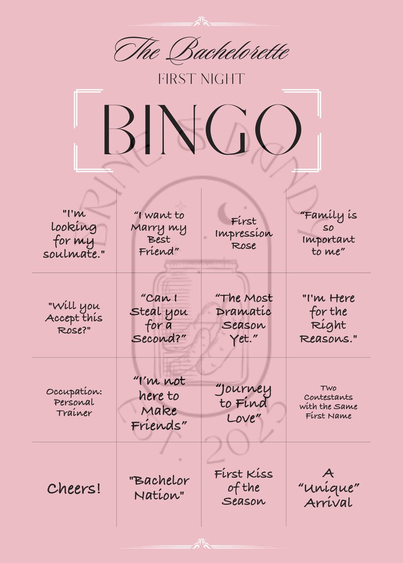 Bachelorette TV Show - First Night Instant Download Bingo Game - 5 ...