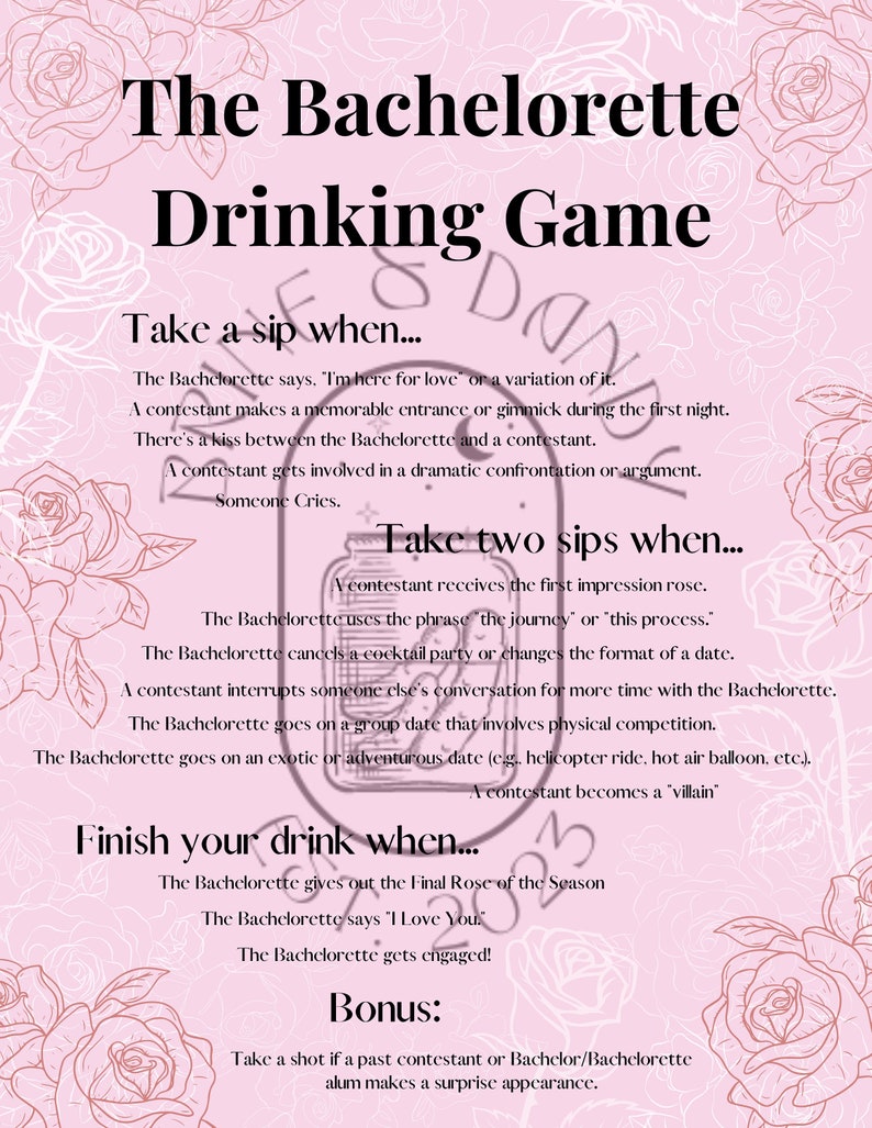 The Bachelorette TV Show Drinking Game - Perfect for a Viewing Party ...