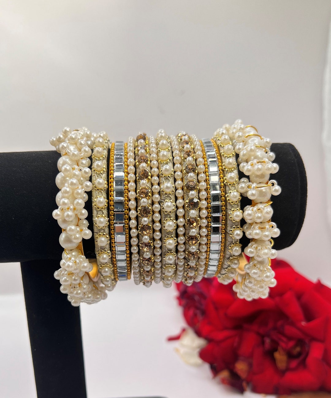 White Pearl Bridal Bangles Etsy