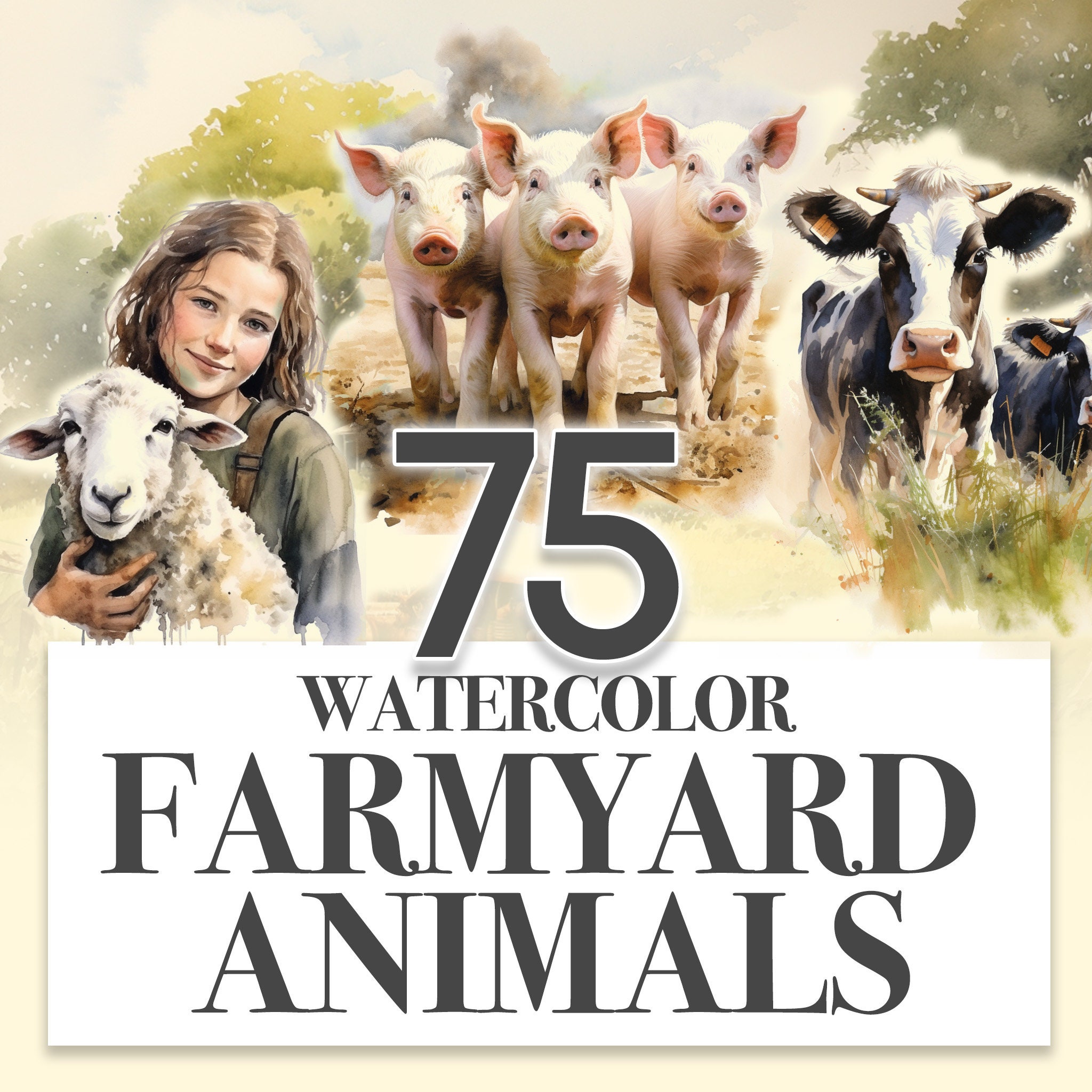 Watercolor Farm Yard Animals, 75 Images, 8k, High-resolution, PNG ...