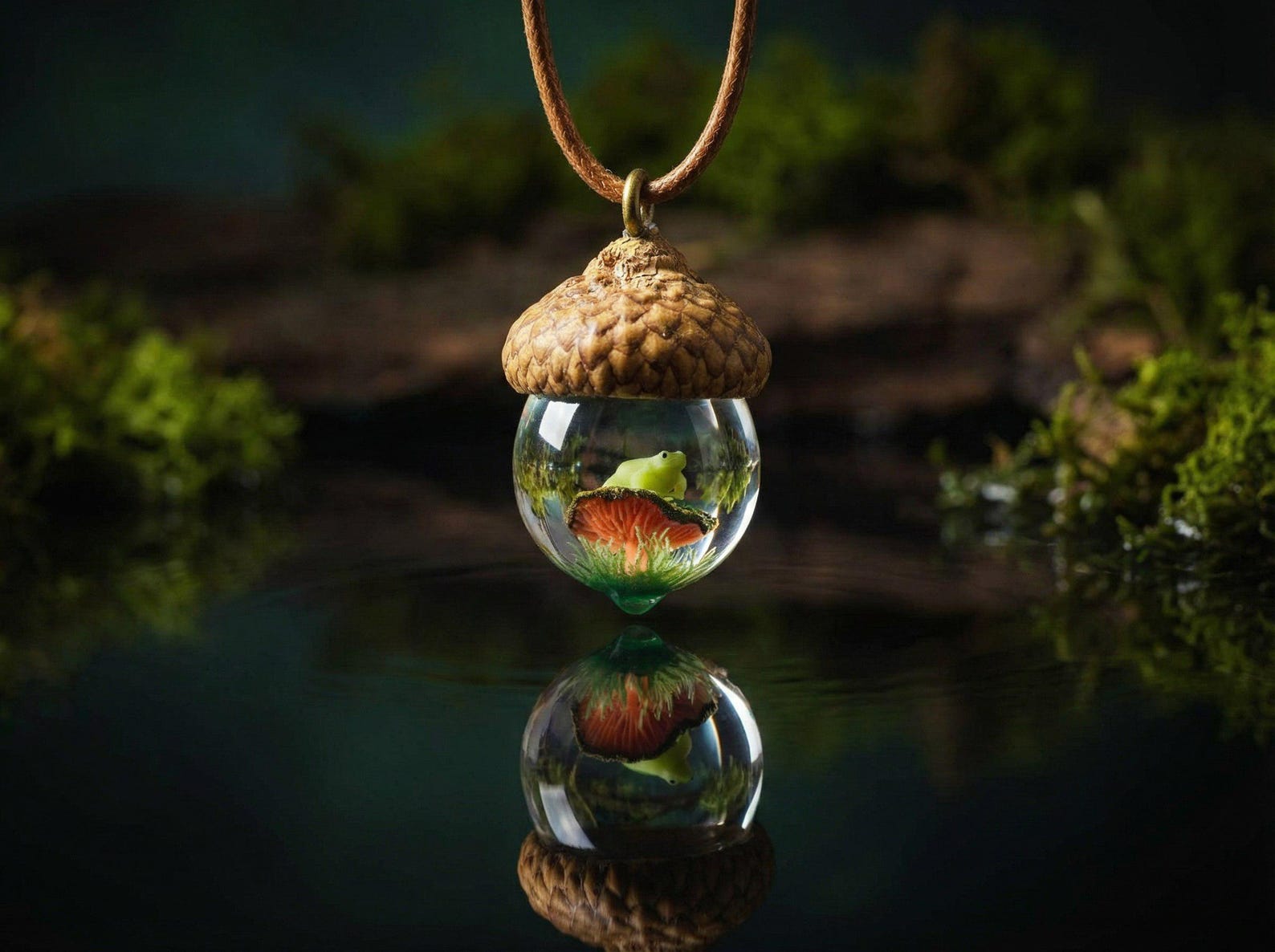 Acorn Necklace With Mushroom Frog, Resin Jewelry, Acorn Pendant, Wood ...