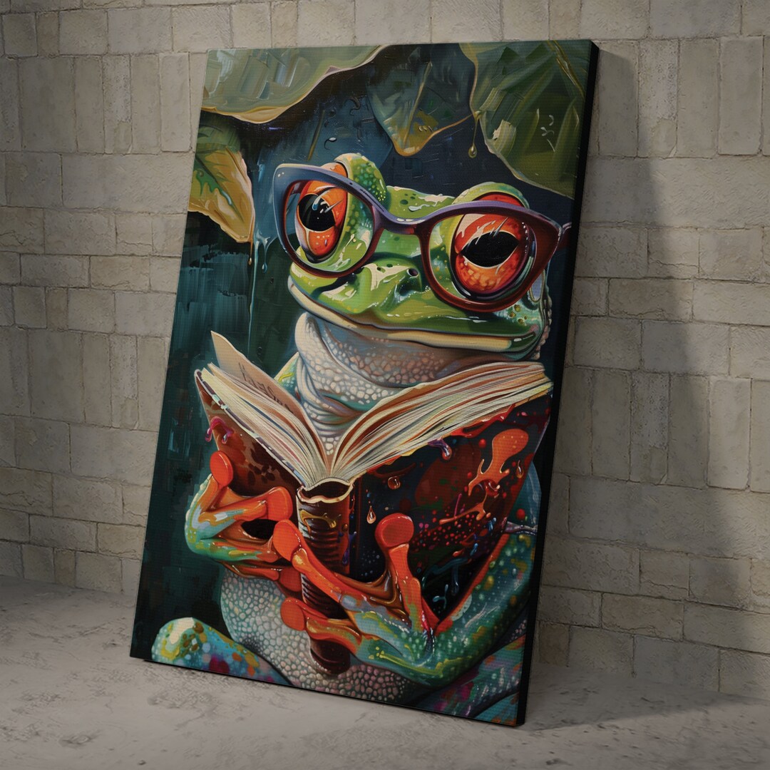 Frog Love Reading, Funny Frog Reading Book, Cute Frog Poster and Canvas ...