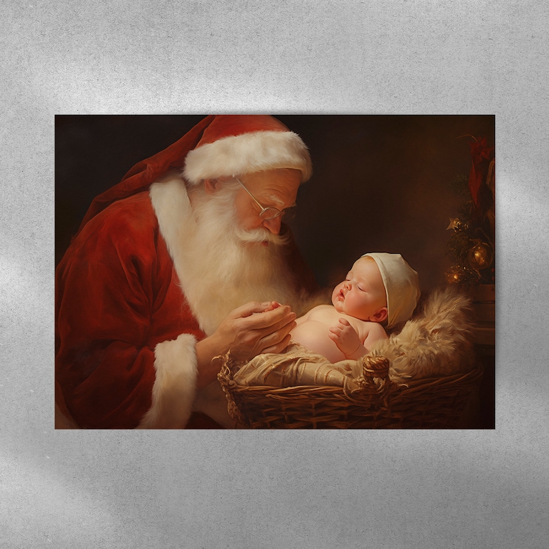 Father Santa Claus Praying to Baby, Nativity Infant Christmas Poster ...