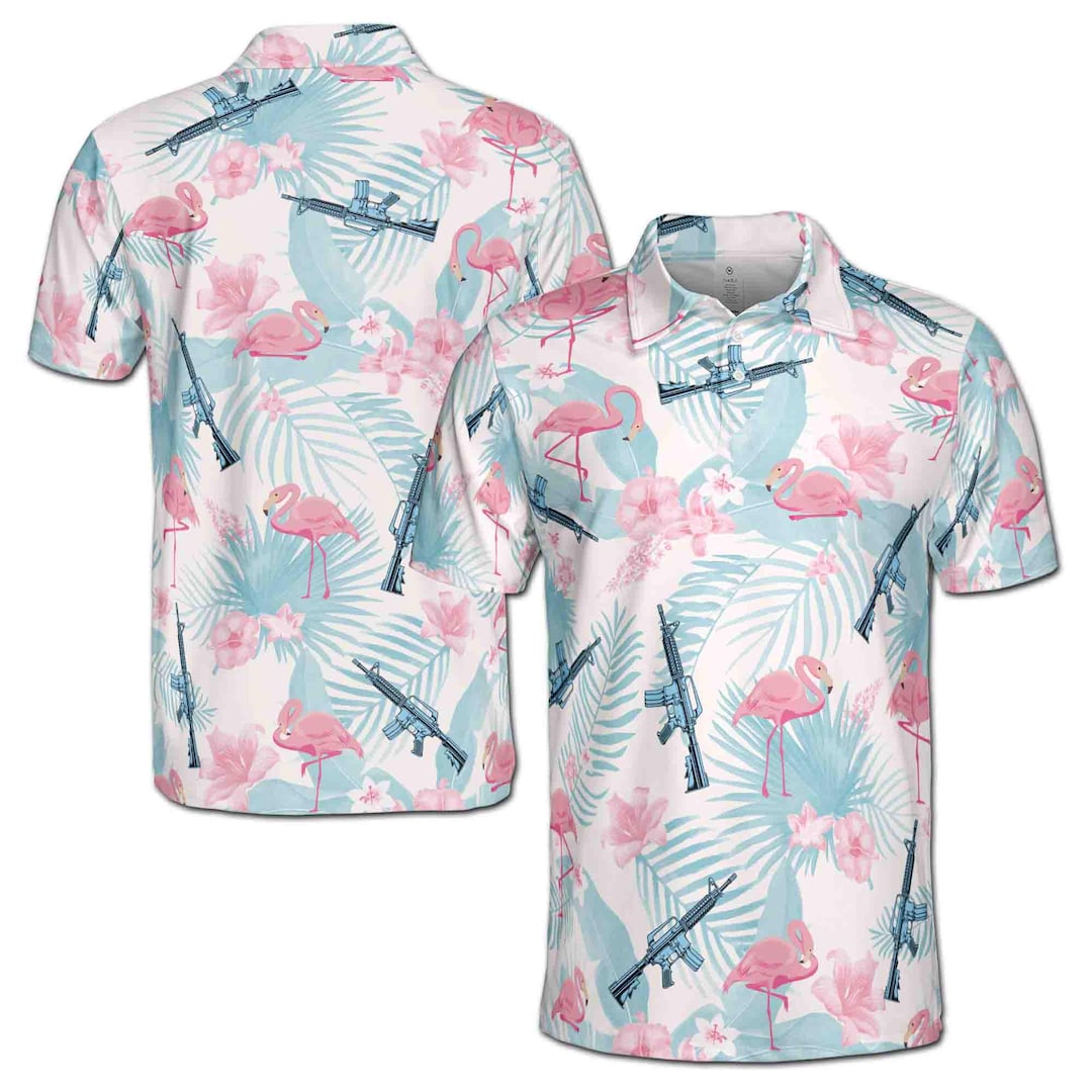 Funny Pink Flamingo Gun Tropical Jungle Flower Men's Polo Shirt S-5XL ...