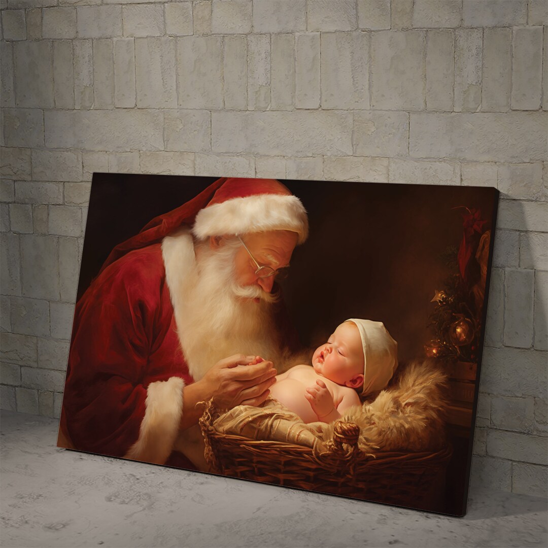Father Santa Claus Praying to Baby, Nativity Infant Christmas Poster ...